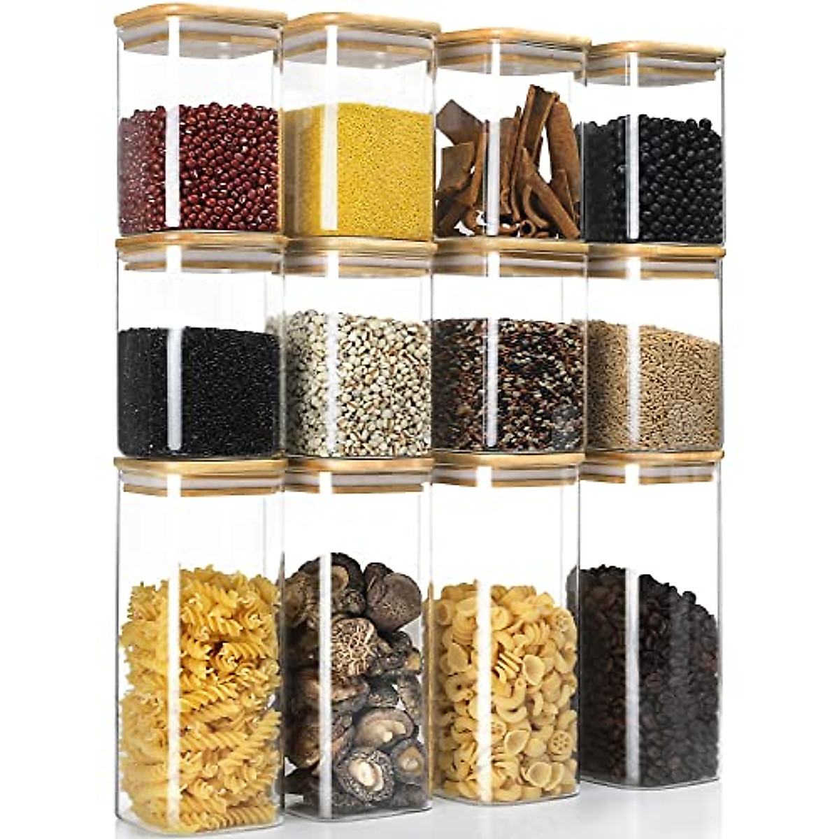 LIBWYS Square Pantry Glass Storage Jars with Bamboo Lids Set of 12, 297oz Airtight Food Containers Kitchen Storage Jars - Dishwasher Safe (12pack)