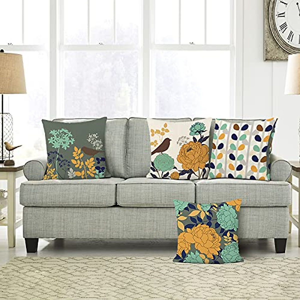 Bonhause Flower Bird Spring Throw Pillow Covers 18 x 18 Inch Set of 4 Blue and Yellow Floral Decorative Pillows Case Polyester Linen Outdoor Cushion Covers for Sofa Couch Garden Home Decor