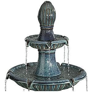Modern Outdoor Cascading Floor Water Fountain with LED Light 3-Tier Teal Blue Ceramic 46" for Yard Garden Patio Backyard Deck Home Lawn Porch House Exterior Balcony - John Timberland