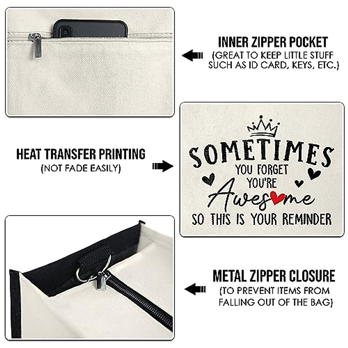 OASSIE Tote Bag With Zipper - Gifts For Women, Birthday, Christmas, Wife, Mom, Nana, Grandma, Thank You, Teacher - 13oz Canvas