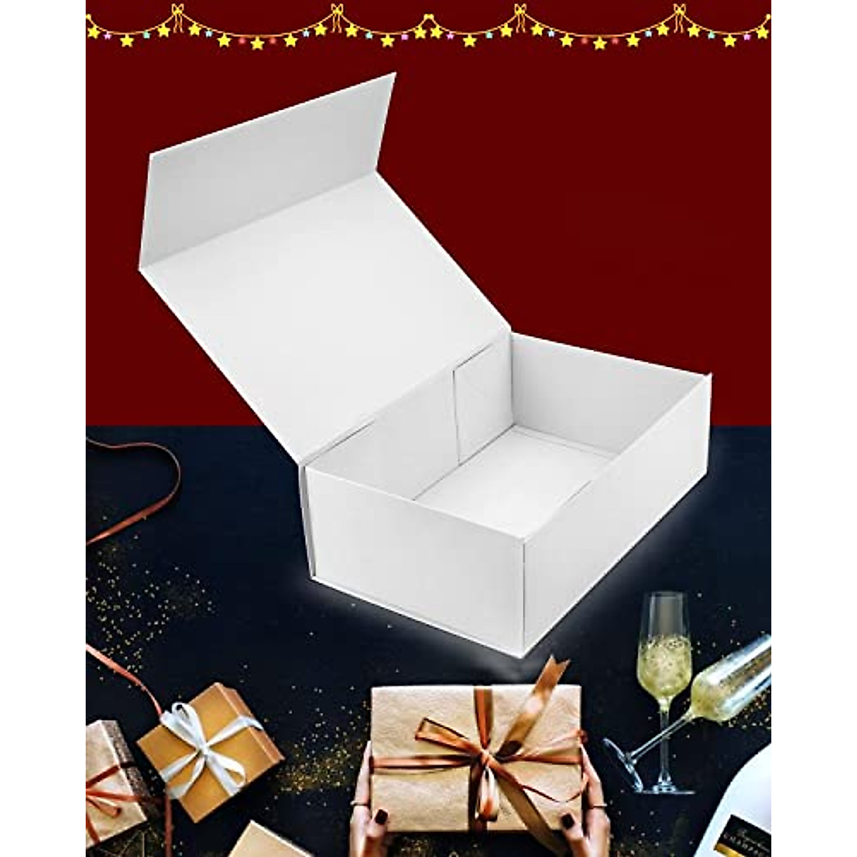 Gift Box with Lid Bridesmaid Proposal Box 14"*9"*4.5" Sturdy Storage Box Collapsible Mother's Day Valentine Gift Box with Magnetic Closure(Glossy White, Large(1 piece))