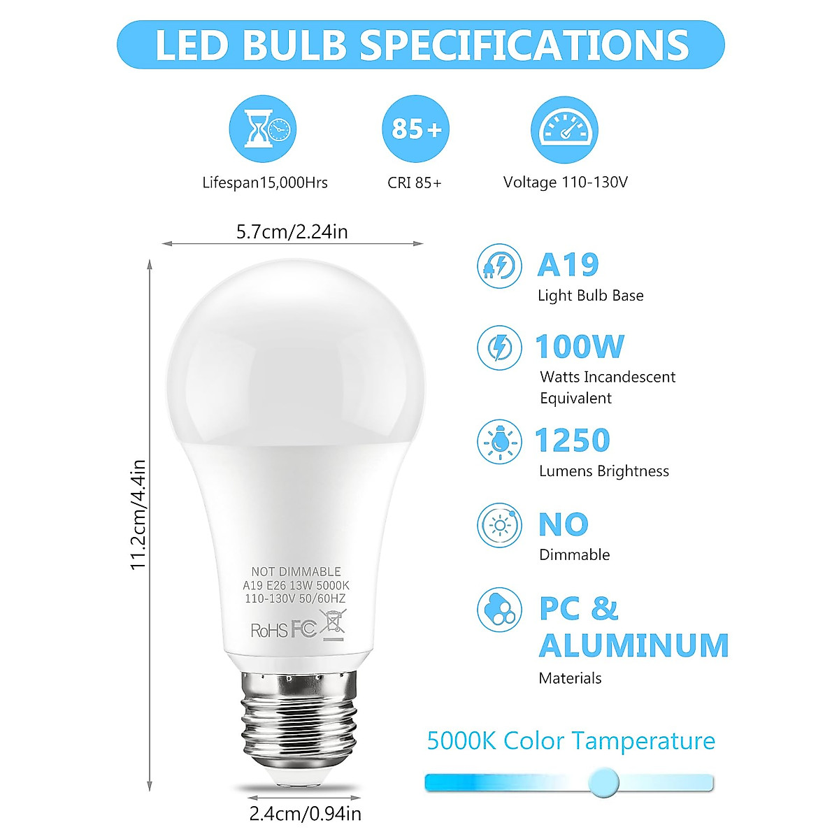 BTBHIHO 6-Pack A19 LED Light Bulbs 100W Equivalent 1250 Lumens, 13W 5000K Cool White Non-Dimmable, No Flicker, Super Bright CRI85+ Standard E26 Edison Screw Bulbs for Bedroom, Home, Office
