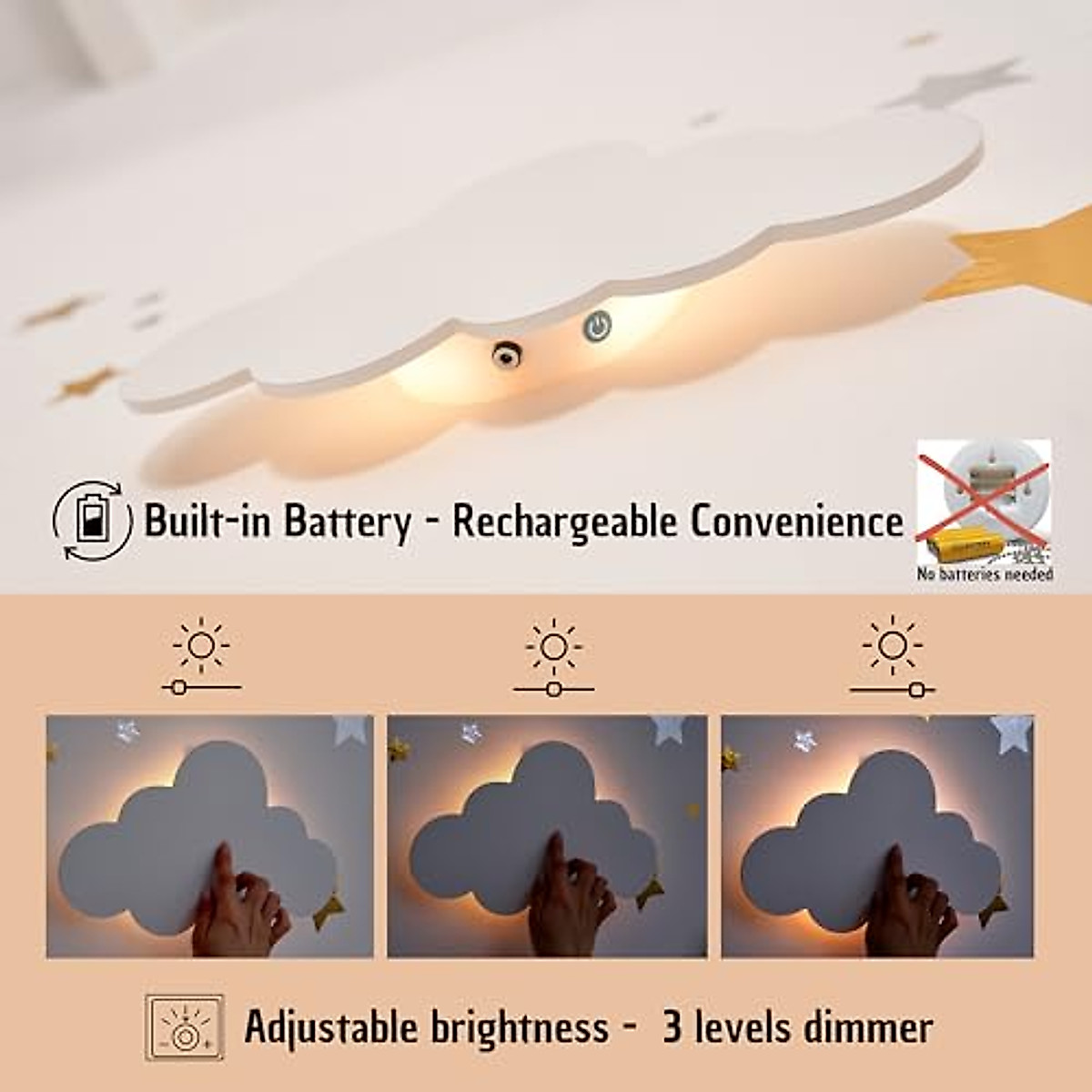 KALEOLI Nursery Cloud Light (Pack of 1) - 68 Star Wall Decals - Rechargeable (no Cord) - Baby Room Decor - Cloud Lights for Bedroom - Floating Cloud Lamp for Bedroom - Adjustable Dimmer - Timer