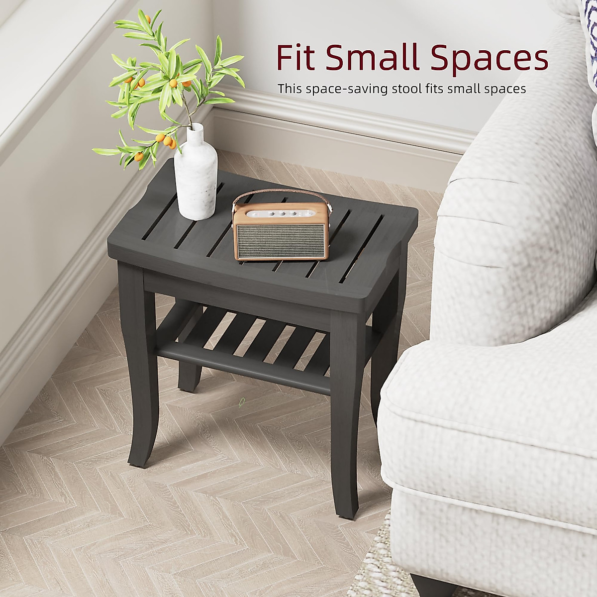 BEKVEM Bamboo Shower Bench, Spa Small Shower Stool for Inside Shower Waterproof, Bathroom Bench Seat with Storage Shelf for Adults Elderly Seniors, Wood Chair for Indoor or Outdoor Use, Black