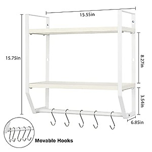 Bathroom Shelf with Towel Bar 2 Tier Wall Mounted Industrial Towel Rack with Shelf 5 Hooks for Bathroom Kitchen Living Room (White)