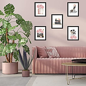 KALYLOC 6Pcs Pink Fashion Women Canvas Wall Art Prints, Pink Flower Perfume Makeup Brush High Heels Handbags Pictures Paintings, Art Decorations for Living Room Bedroom Office (8''x12'' in Unframed)