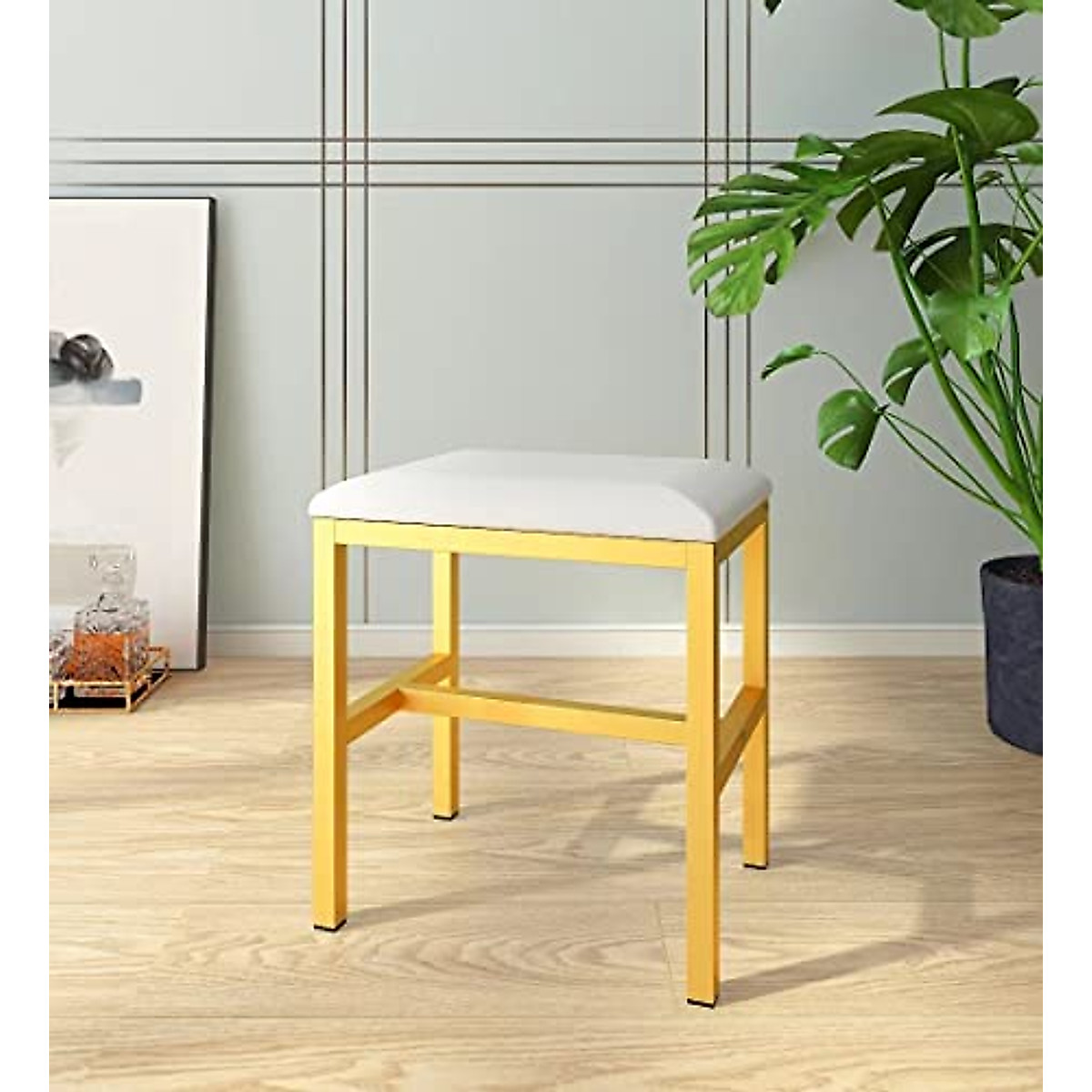 Vanity Bench Vanity Stool Chair for Bathroom Makeup Vanity Chair for Vanity Makeup Room Small Tall Gold White-NO pre-drilled Holes in The Bottom