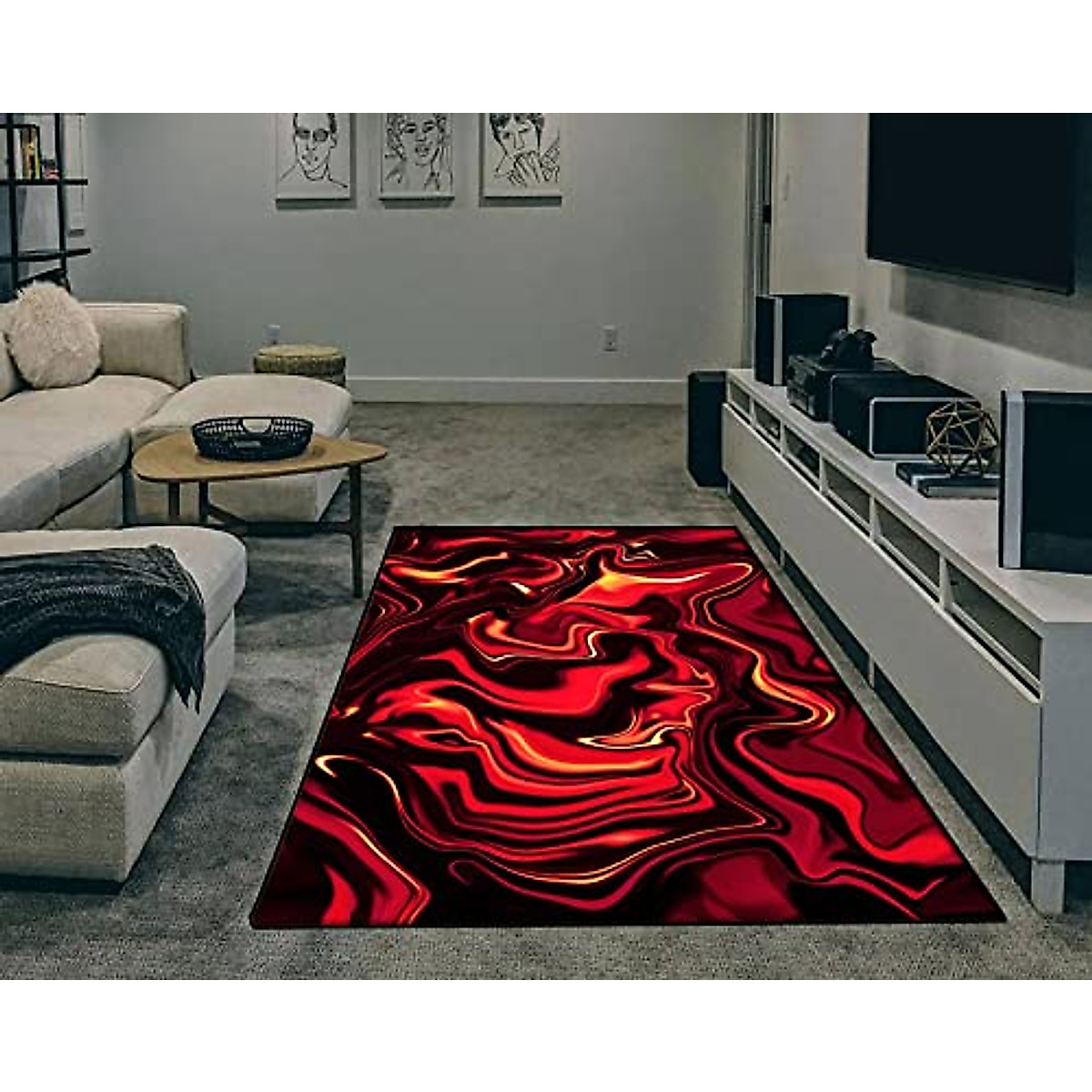 Modern Abstract Red Marble Area Rugs for Living Room Kitchen Bedroom Abstract Flame Fire Red Yellow Black Marble Background Wave Swirl Bathroom Rugs Stain Resistant Carpet Mat Pad Home Decor