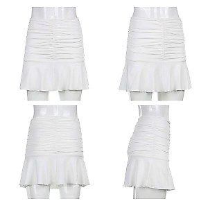 SAFRISIOR Women Ruched Ruffle Short Skirt High Waisted Stretch Pleated Tennis E-Girls 90s A-Line Mini Skirt (X-Small, White, x_s)