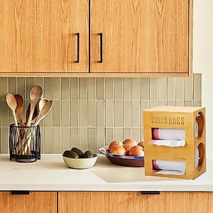 Antallcky Bamboo Trash Bag Dispenser Roll Holder 13 Gallon 2 Rooms,Garbage Bag Storage Dispenser Organizer Wall Mount or Under Sink for 2 Rolls of Plastic Bags(Up to About 160 Bags)