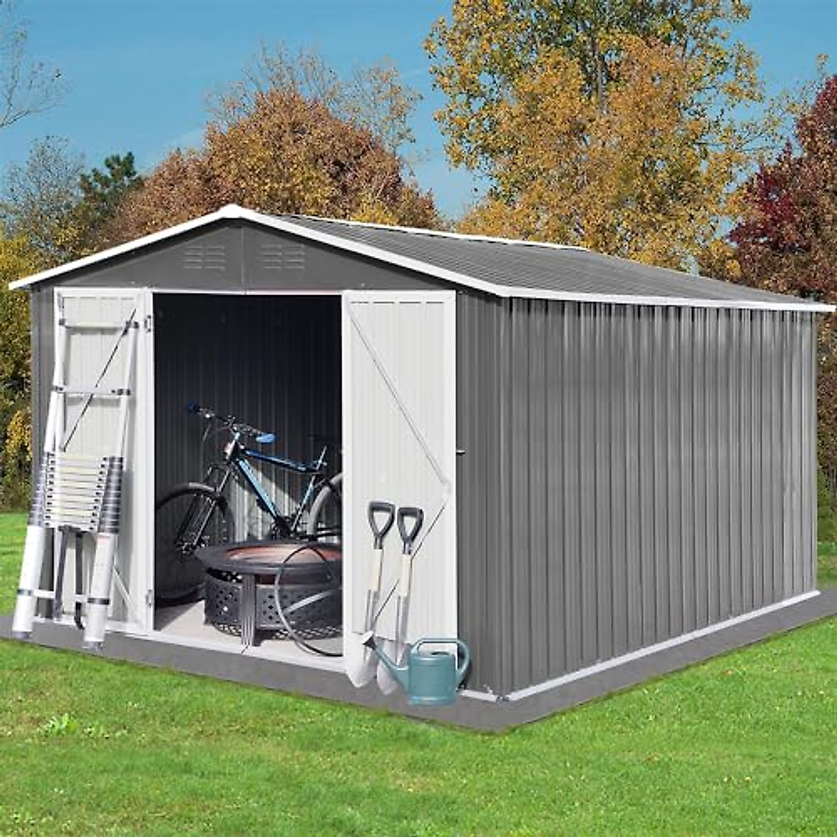 Evedy 10x8ft Outdoor Storage Shed,Metal Garden Shed for Bike, Trash Can, Tools, Galvanized Steel Outdoor Storage Cabinet with Lockable Door,Tool Cabinet with Vents,for Backyard,Patio, Lawn