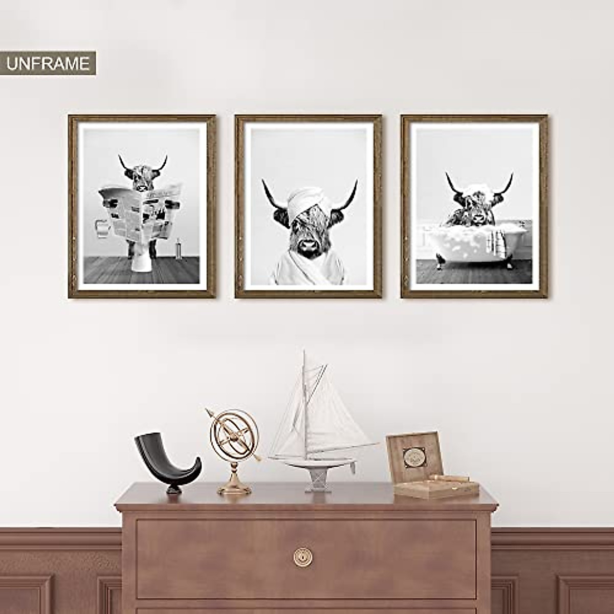 YLYYOO Funny Highland Cow Bathroom Wall Art,black and White Canvas Wall Art Farmhouse Bathroom Wall Decor,highland Cow Pictures Prints for Wall Decor Set of 3 Unframed. (Black,3PCS-12"x16"-Unframed)
