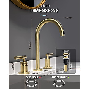 Brushed Gold Bathroom Faucet, Indare Two Handles 360° Swivel Spout Widespread 4Inch 8Inch Brass Bathroom Sink Faucet 3 Hole with Pop-Up Drain and Water Supply Lines, Upgraded Style