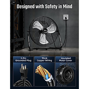 Simple Deluxe 20 Inch 3-Speed High Velocity Heavy Duty Metal Industrial Floor Fans , Black, 20"
