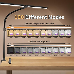 Mosthink LED Desk Lamp for Home Office, Double Head Eye Caring Architect Monitor Light, 31.5" Desk Light with Clamp and Flexible Gooseneck, 24W Study Drafting Table Lamp,100 Colors Modes