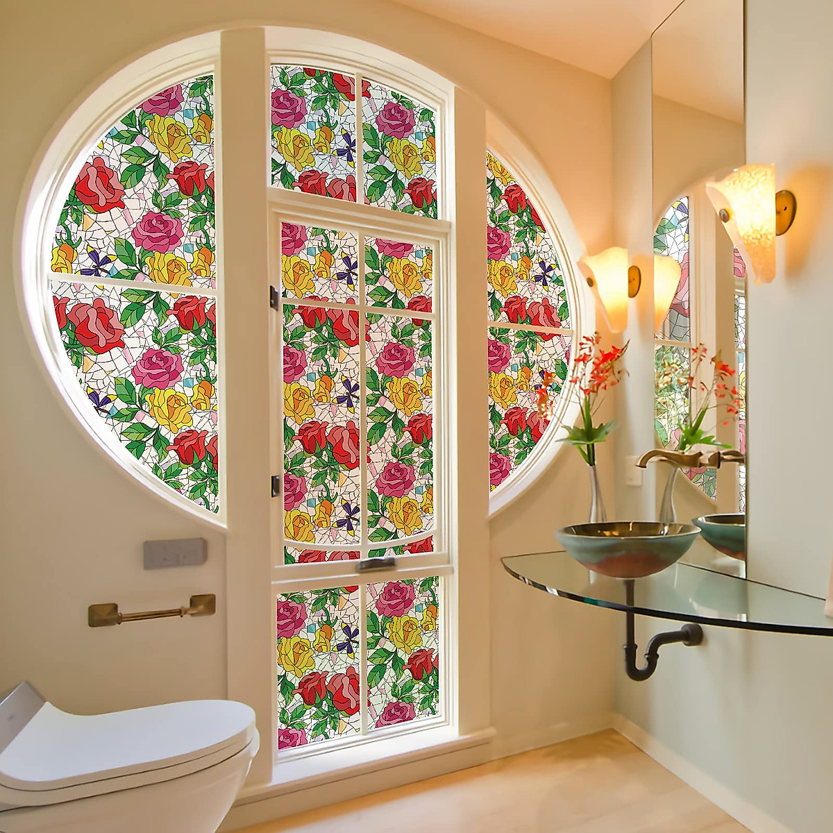 DKTIE Flower Series Stained Glass Window Film with Installation Kit, Decorative Window Privacy Film Sun Blocking Heat Control Static Cling Window Film Frosted Glass Film (A, 17.7 x 78.7 Inch)