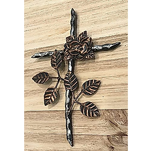 Top Brass Decorative Floral Wall Cross - Welded Wrought Iron - Leaves, Branches and Flowers Religious Metal Art Sculpture - Antique Silver/Copper Finish (Leaves and Rose)