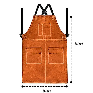Leather Welding Work Apron,Woodworking Shop Apron,Heat Resistant & Flame Resistant Bib Apron, Flame Retardant Heavy Duty BBQ Apron, Adjustable Fit M-XXXL Men & Women
