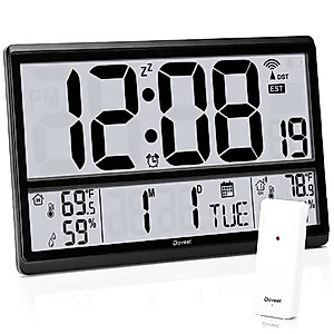 Atomic Clock DOVEET-Digital Wall Clock Never Needs Setting/ Easy to Read/Easy Set Up/Indoor Outdoor Temperature-Wireless Outdoor Sensor Battery Powered(4.5" Numbers)