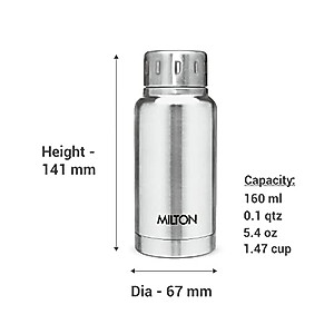 Milton Thermosteel Elfin 160, Vacuum Insulated Flask, 160 ml | 5.4 oz | Hot & Cold Water Bottle, 18/8 Stainless Steel, Compact Flask, Durable Body, BPA Free, Leak-Proof Simple Screw Lid | Silver