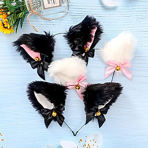 Fxaelian Animal Anime Cute Wolf Bear Cat Dog Ears Headband with Bells Bows Halloween Cosplay Costume Party Hairband Headwear Headpiece Hair Accessories for Women Men Adult Black Red