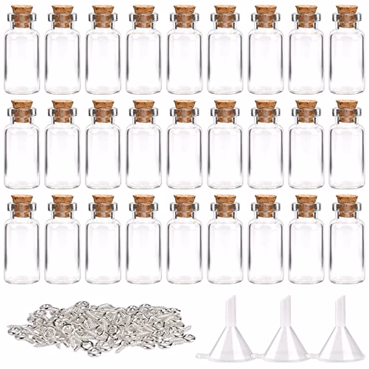 SUPERLELE 60pcs 2ml Small Mini Glass Bottles Jars with Cork Stoppers, 120pcs Eye Screws and 3pcs Small Funnels