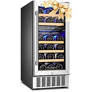 AAOBOSI 28 Bottles Wine Fridge, 15 Inch Dual Zone Wine Cooler with 6 Adjustable Shelves and Safety Lock, Digital Touch Screen, Low Noise Compressor Wine Refrigerator, Temperature Memory Function