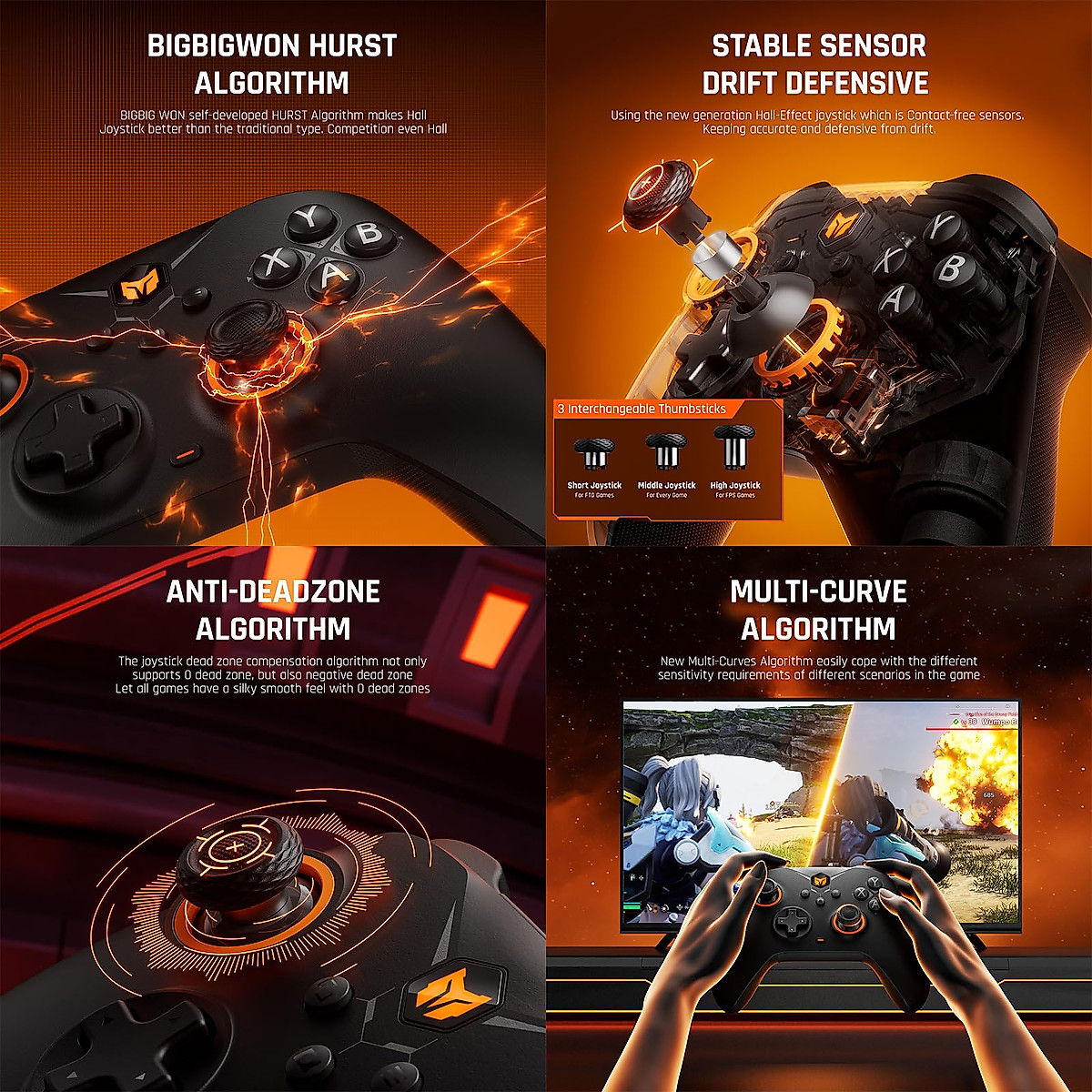 Wireless Gaming Controllers, BIGBIG WON PC Gaming Controller Custom Button, 6-Axis Gyro, Dual Shock, Macro, Turbo, 2.4GHz Dongle Gamepad for Windows 10/Android/iOS/Switch Bluetooth Controller Black