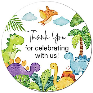 2" Round Dinosaur Thank You Favor Stickers for Birthday and Baby Shower - Set of 40 (Watercolor)