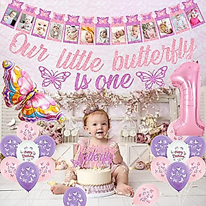 Butterfly 1st Birthday Decorations for Girls Pink Purple Our Little Butterfly is One Banner Cake Topper Photo Banner 1st Bday Girl Butterfly One High Chair Banner Floral Party Decoration for Girls