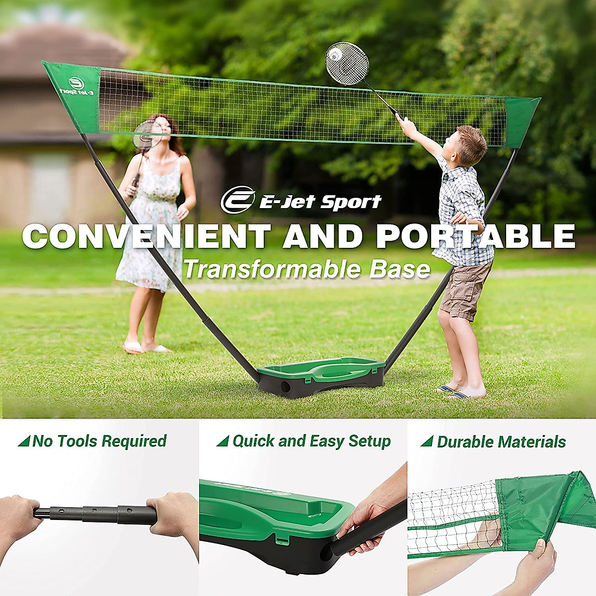 E-jetSport Portable Badminton Net Set with Storage Base, Rackets Lightning Shuttlecocks Combo Set for Family & Kids, Easy Setup for Backyard Training, Beach, Park, Picnic Games, Green,EOB375402021