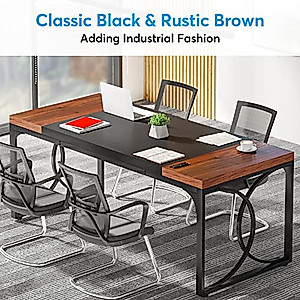 Tribesigns Rectangular Dining Table, 63-inch Wood Kitchen Table with Strong Metal Frame, Industrial Large Long Dining Room Table for 4-People Family, Splice Board (Walnut and Black) (XK00258)