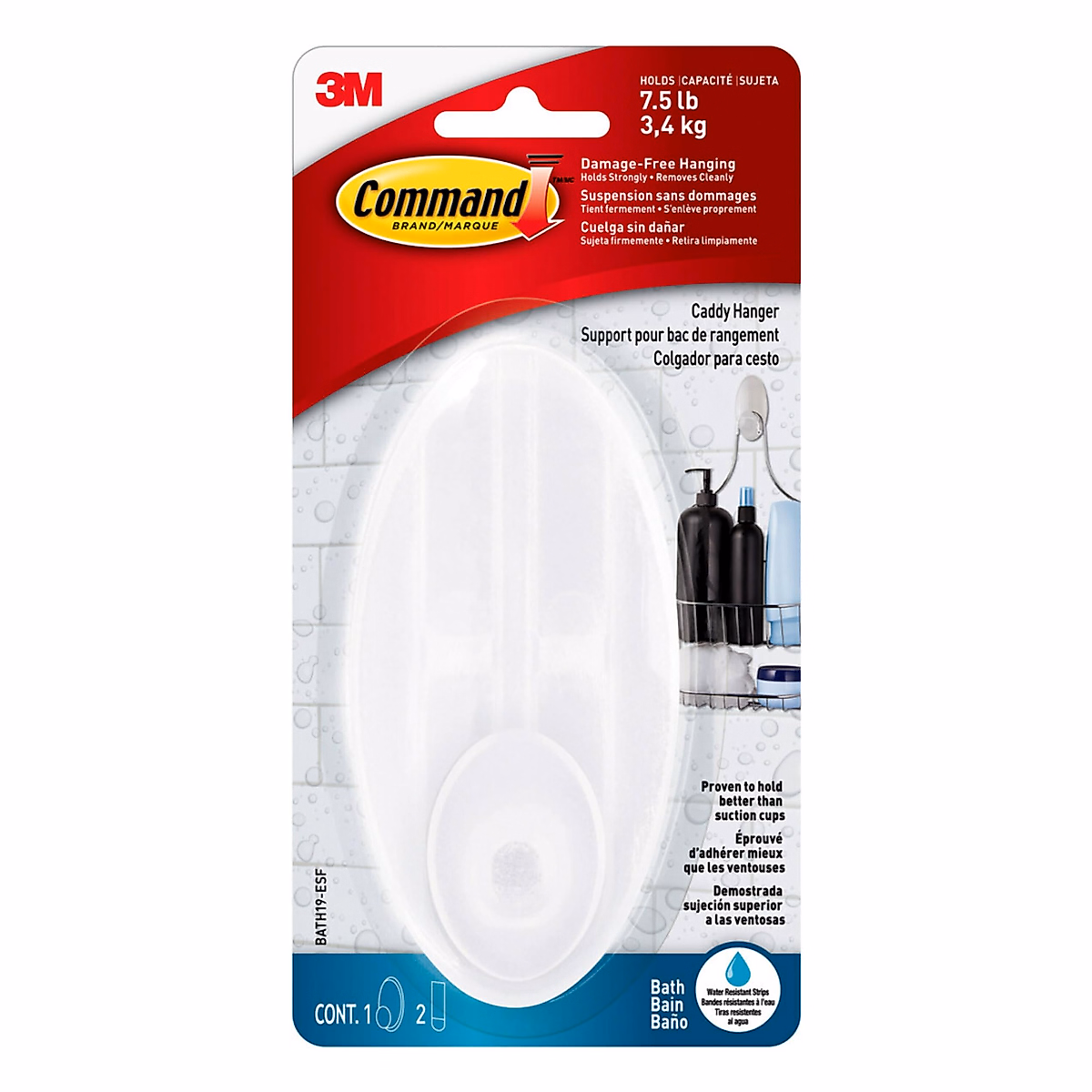 Command Caddy Hanger with Water-Resistant Adhesive Strips, Bathroom Organizer for Hanging Shower Caddy, 1 Shower Hook with 2 Command Strips