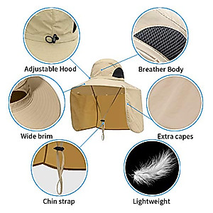 Sun Blocker Hats Outdoor Sun Protection Fishing Cap with Neck Flap Large Brim Outdoor Hat Khaki