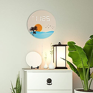 DMDMBSR USB Plug in Digital Wall Clock, Sunset Ocean Wave Design, 12/24Hr Wall Mounted Digital Clock, LED Wooden Silent Wall Clock for Living Room Bedroom Classroom Office (10In Off White)