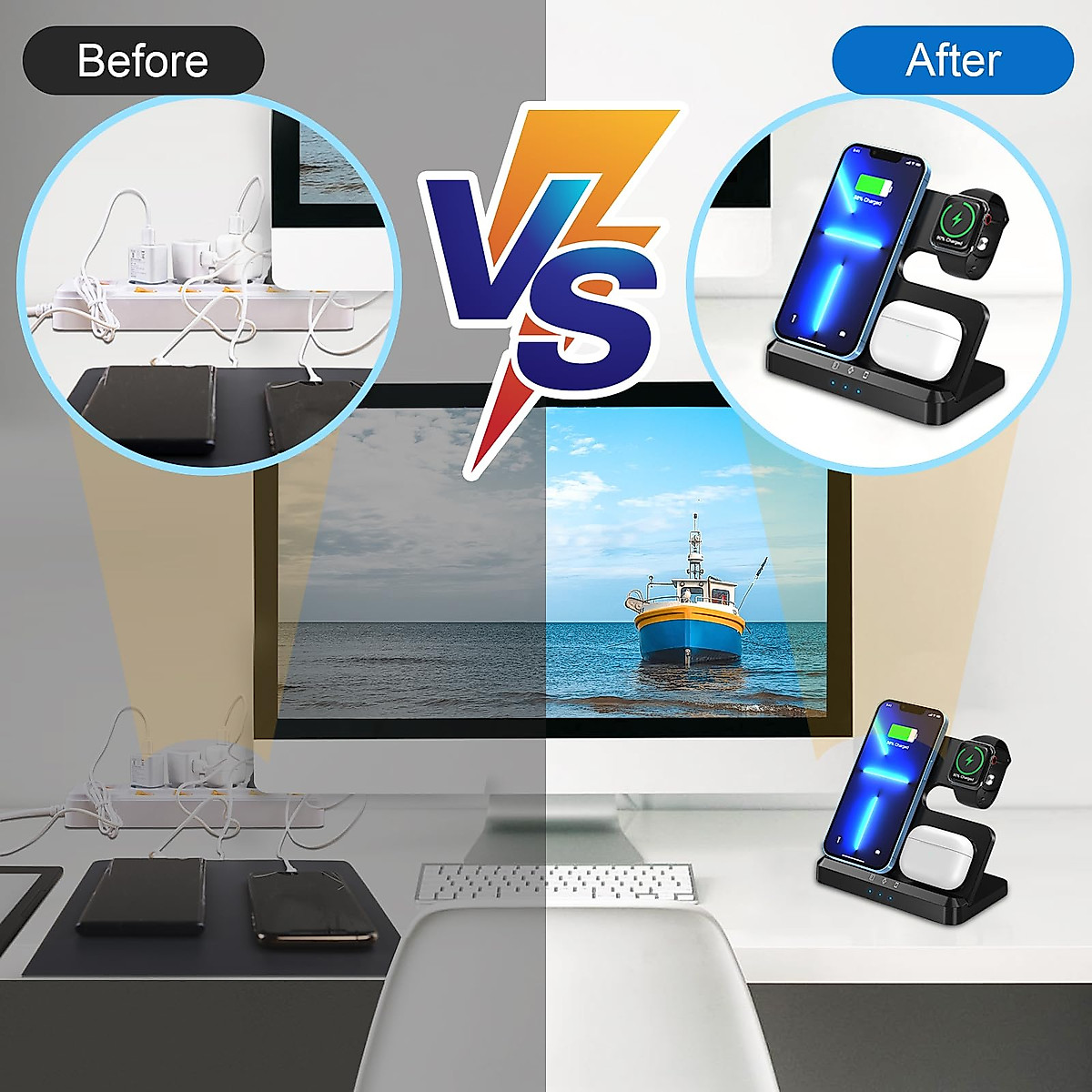 Wireless Charger,3 in 1 Wireless Charging Station for iPhone 15 14 13 12 11 Pro Max/X/8,Charger Stand for Apple Watch Series 9 8 Ultra 7 6 SE 5 4 3,AirPods Pro 2 Black