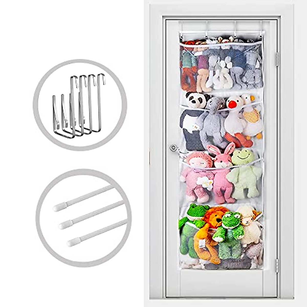 YYCWYSH Stuffed Animal Storage,Over The Door Organizer Storage Large Plush Toy Organizer with 4 Large Pockets, Stuffed Animal Net or Hammock Baby Accessories Holder for Girls Boys Kids Room White
