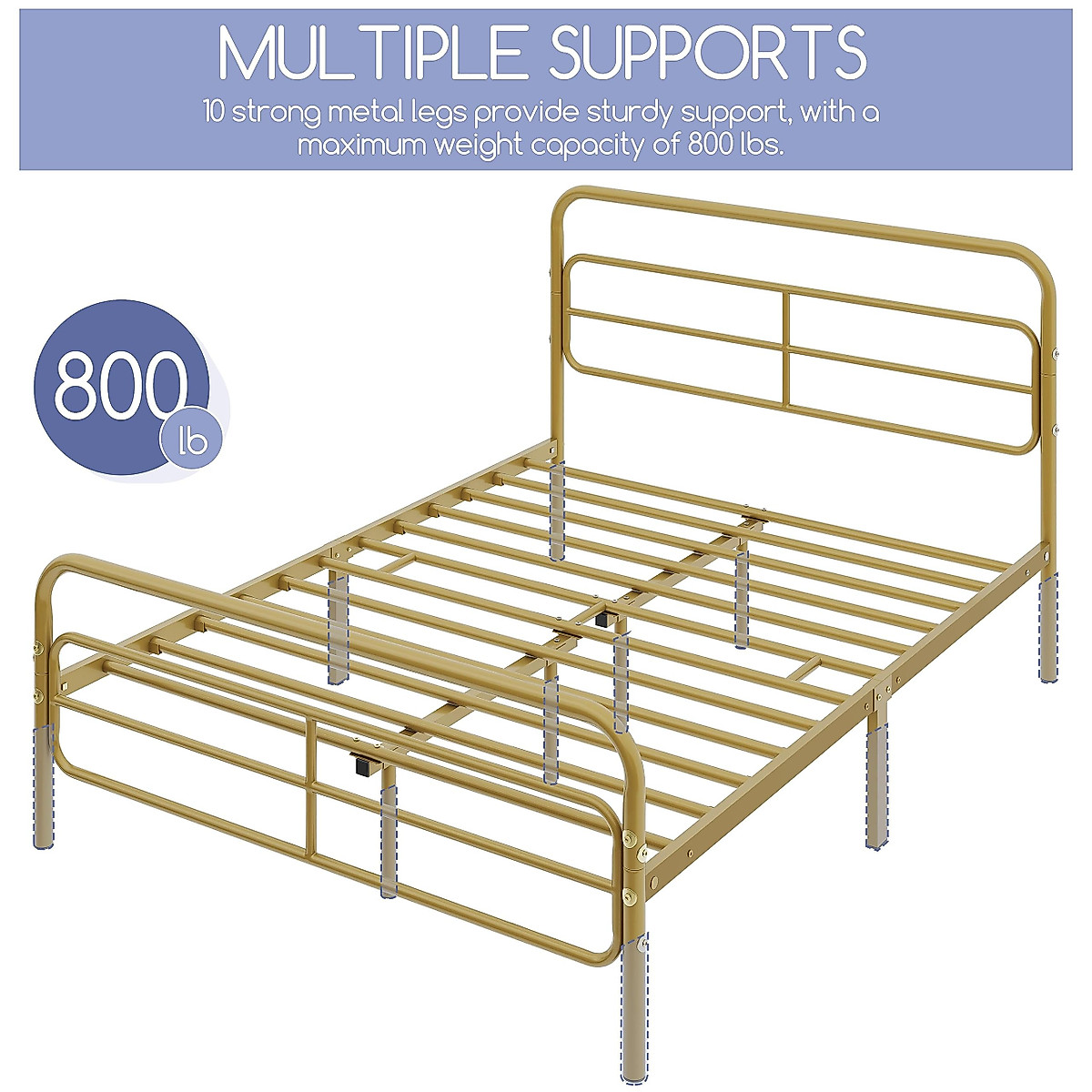 Yaheetech Queen Bed Frame Metal Platform Bed with Geometric Patterned Headboard, Mattress Foundation with Under Bed Storage/Sturdy Slat Support, No Box Spring Needed, Antique Gold
