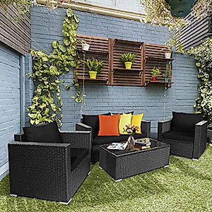 HAPPYGRILL 4 Pieces Patio Conversation Set Outdoor Rattan Furniture Set with Tempered Glass Tabletop & Removable Cushions Sectional Wicker Sofa Set for Garden Backyard Poolside