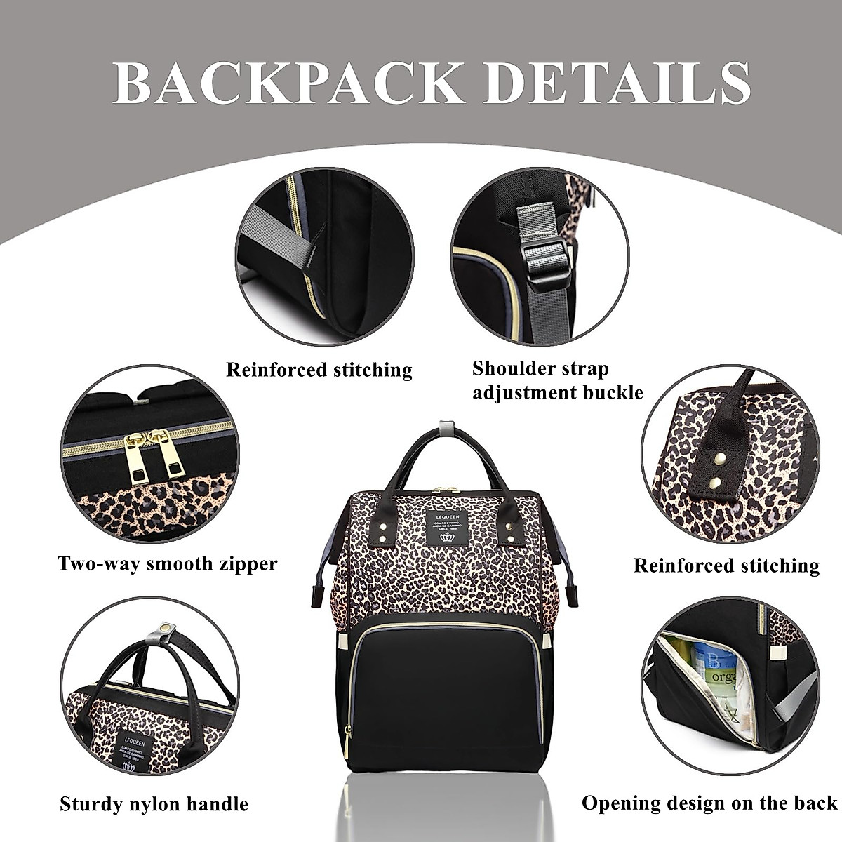 Armbq Leopard Print Diaper Bag Backpack Multi-Function Diaper Bag for Baby Care Waterproof Travel Baby Bag for Mom Gray