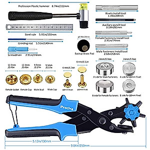 Preciva Hole Punch Plier Set, Revolving Punch Hole Tool Kit with Punch Plier, Ruler, Grinding Rod, Plastic Hammer,240pcs Leather Double Cap Rivets and 100pcs Leather Snap Fasteners