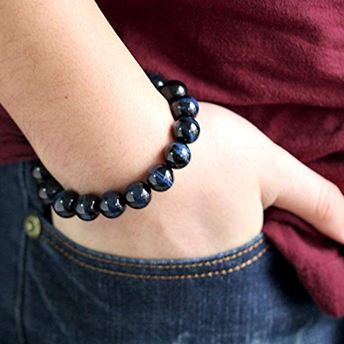 Jewever Original Natural Tigereye Gemstone 12mm Smooth Round Beads Stretch Bracelet Unisex(blue yellow,2pieces)