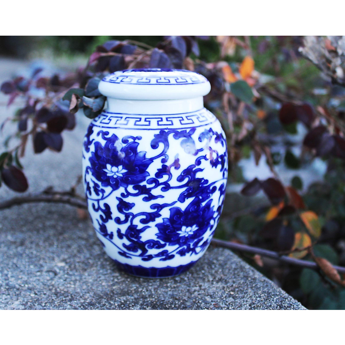 Decorative Blue and White Lotus Pattern Porcelain Storage Container or Display Unit. Small