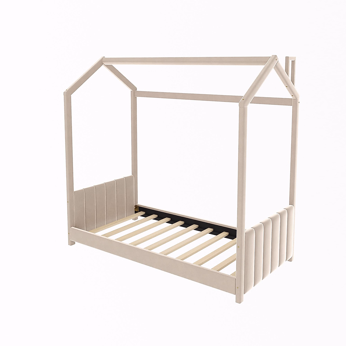 Bellemave House Beds Twin Size Velvet Montessori Bed for Kids Upholstered Floor Frame with Headboard & Footboard Girls Boys Teens, Beige