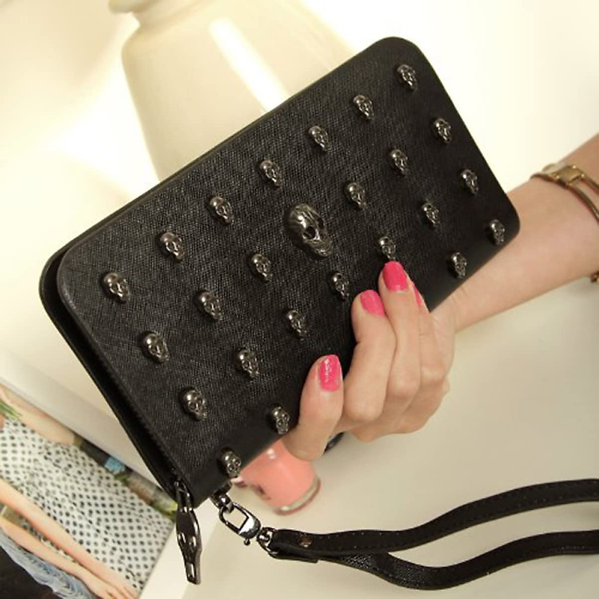 SHERCHPRY 1pc Handbag Medium Skull Purse Lether Cash Punk Pu for with Zippered Gothic Women Phone Clutch Vintage Black Zipper Holder Wristlet Wallets Travel Wallet Long Goth Wallet