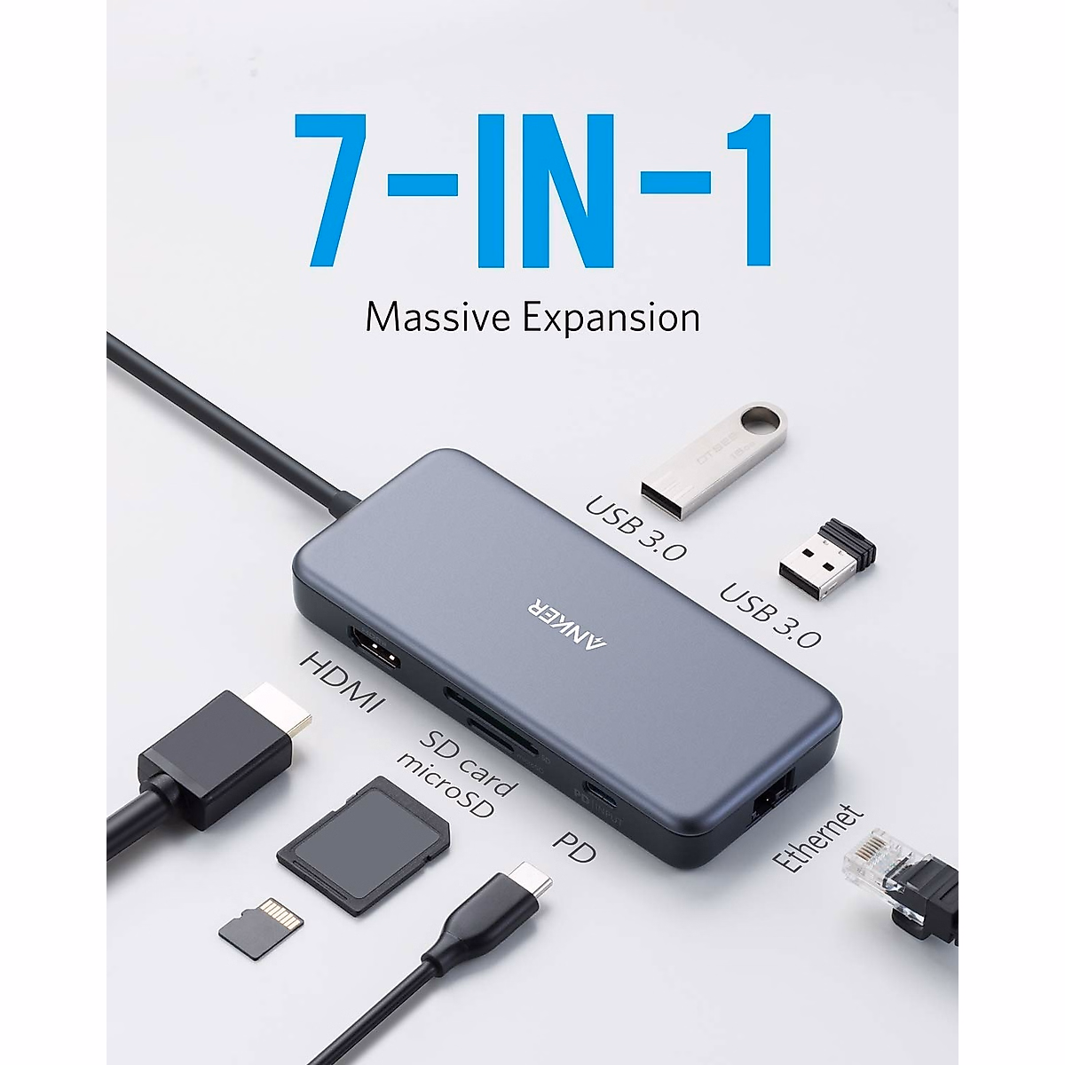 Anker USB C Hub Adapter, PowerExpand+ 7-in-1 USB C Hub, with 4K USB C to HDMI, 60W Power Delivery, 1Gbps Ethernet, 2 USB 3.0 Ports, SD and microSD Card Readers, for MacBook Pro and Other Laptops