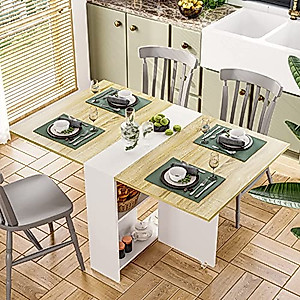 Tiptiper Folding Dining, Versatile Dinner Table with 6 Wheels and 2 Storage Racks, Space Saving Kitchen, Dining Room Table, 31.5 in x 51.2 in x 28.4 in, Pear Wood Color and White