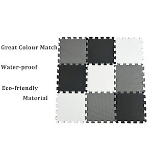 16 Pieces Foam Play Mat with Border, Interlocking Playmat Tiles, Foam Floor Mat Tiles for Kids, Puzzle Play Mat, Exercise Gym Mats – Color of Black & Grey & White