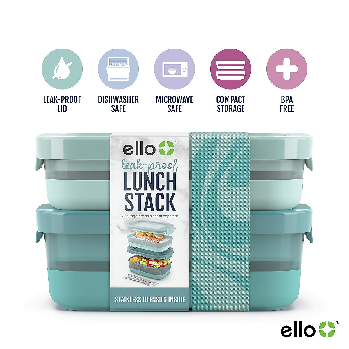 Ello 2-Pack Bento Box Lunch Stack Plastic Food Storage Container | Leak-Proof Locking Plastic Lids | Silicone Base | BPA-Free | Freezer Microwave and Dishwasher Safe | Mint Chip