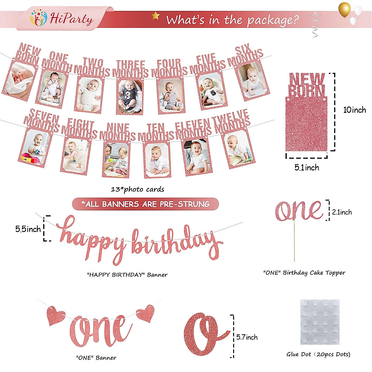 1st Birthday Baby Photo Banner, Happy Birthday Banner 17pcs First Birthday Decorations for Girl Newborn to 12 Months, First Birthday Photo Banner Garland Bunting with ONE Cake Topper, Rose Gold